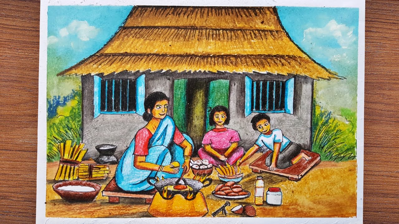 Beautiful Village Scenery Drawing || Winter Season Pitha Making Scenery ...