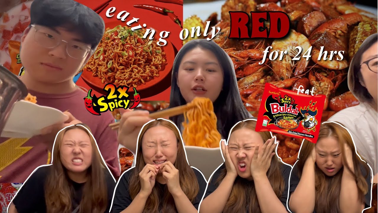 eating only RED foods for 24 hours! (ft. 2x SPICY BULDAK NOODLES) what ...