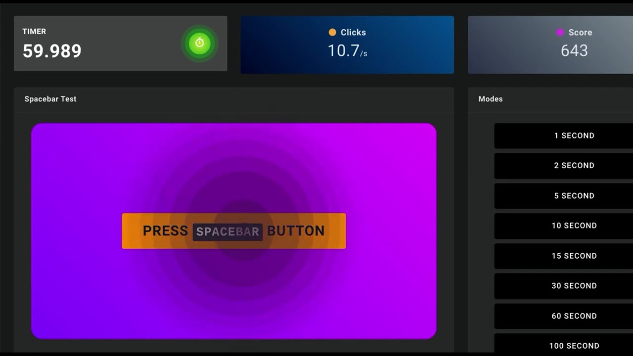 Spacebar Test 60s: 643 (10.7 cps) - YouTube