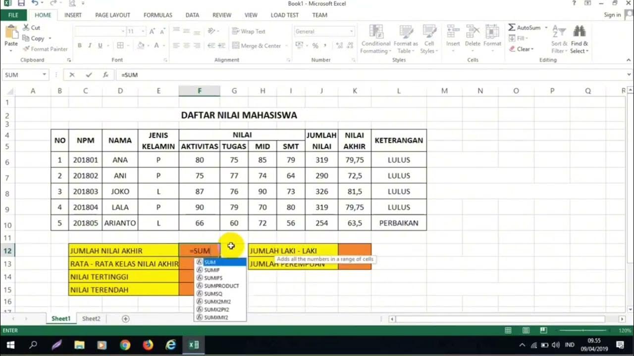 Menggunakan fungsi sum, average, min, max, count pada excel - YouTube