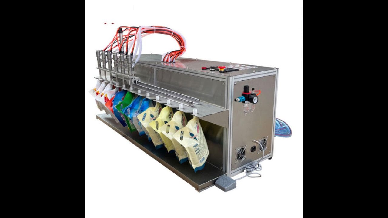 semi-auto pouch spout filling machine with 4 nozzles - YouTube