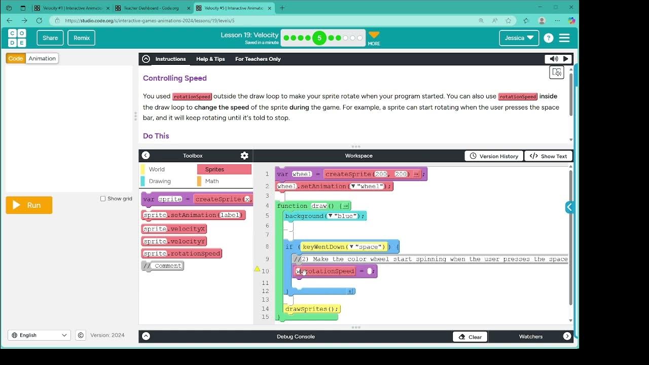 Lesson 19: Velocity: Level 5 - Code.org - CS Discoveries - Unit 3: Interactive Animations ...