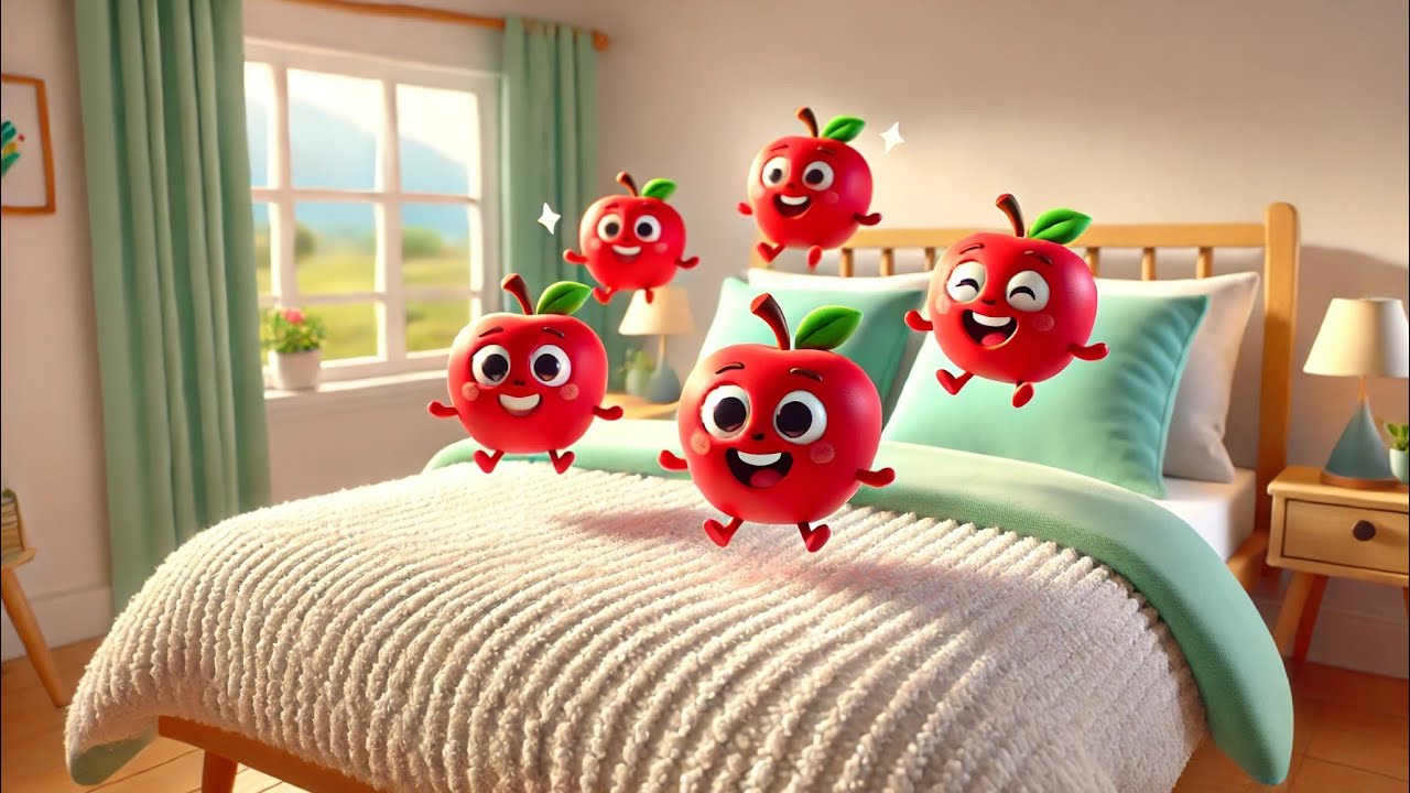 Five Red Apples Jumping on the Bed | Nursery rhymes for kids | cartoon ...