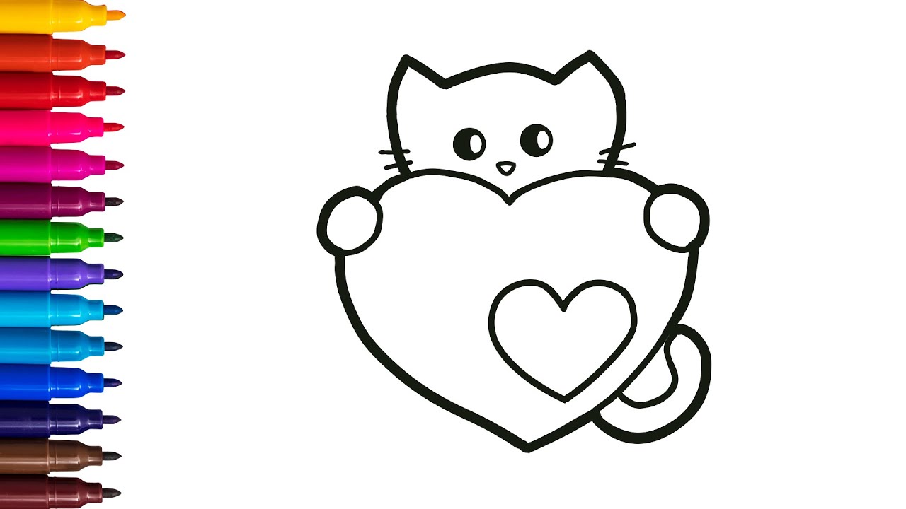 How to Draw Cat with hearts Easy Drawing and Coloring for Kids, child ...