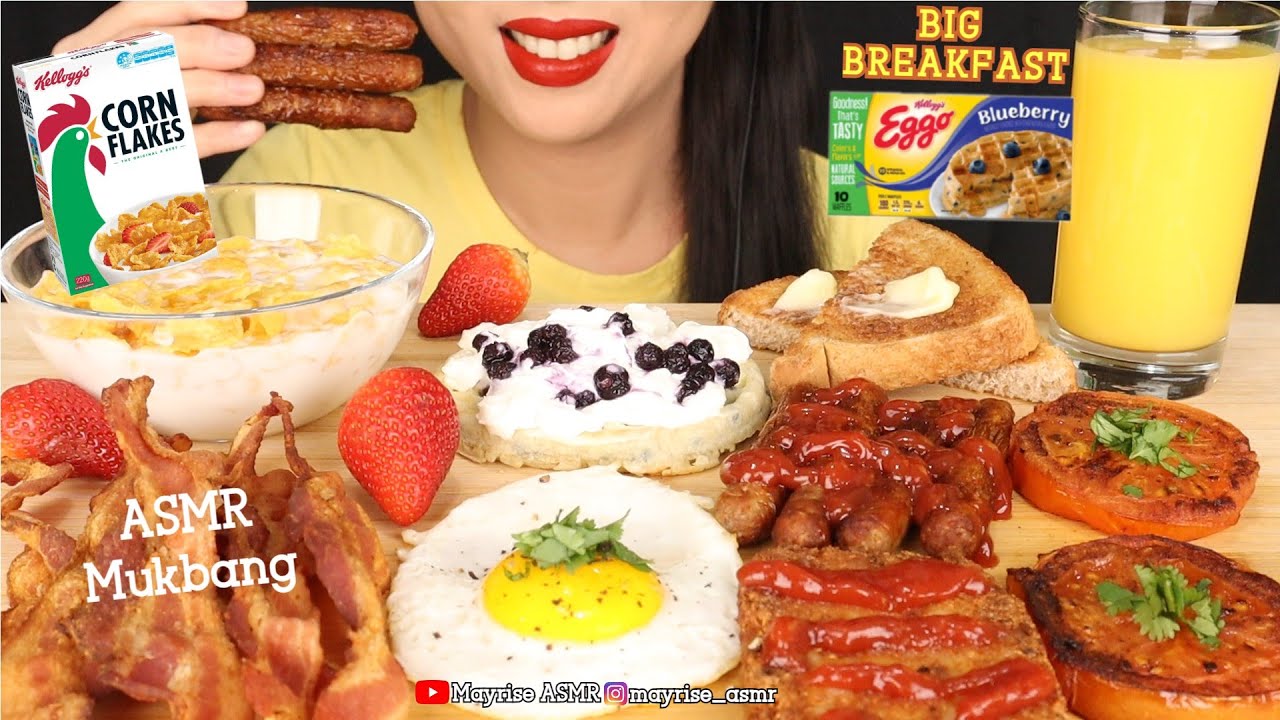 ASMR BIG BREAKFAST* EGGO WAFFLES CORN FLAKES BACON MUKBANG (EATING ...