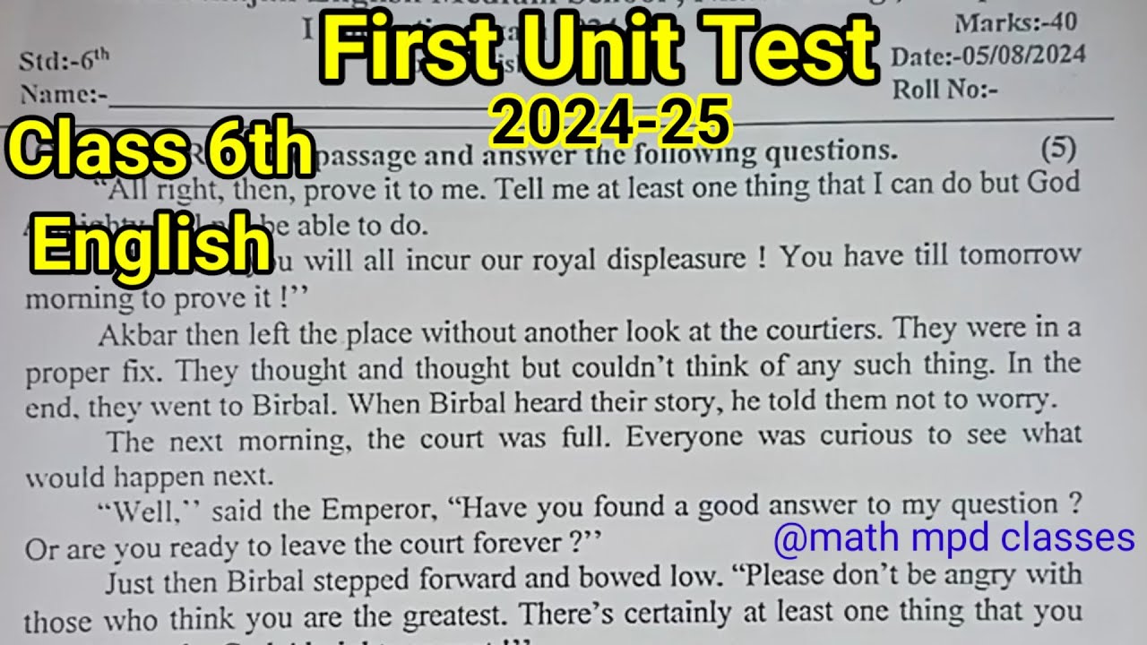 First Unit Test Class 6th English 2024-25 question paper - YouTube