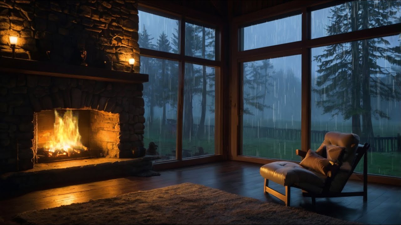 LIVE | Relaxing Crackling fireplace + Rain Sound For Sleep, Strees ...