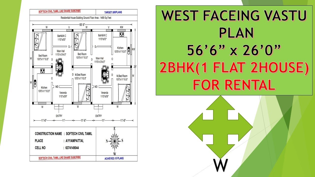 WEST FACING VASTU HOUSE PLAN 36'6"x26'0"(2BHK RENTAL HOUSE PLAN - YouTube