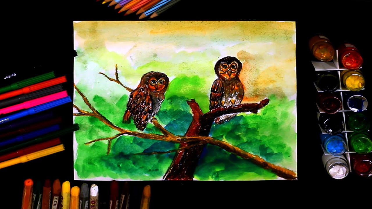 Owl Drawing | How to Draw Owl Scenery | Night Owl Drawing Step by Step ...