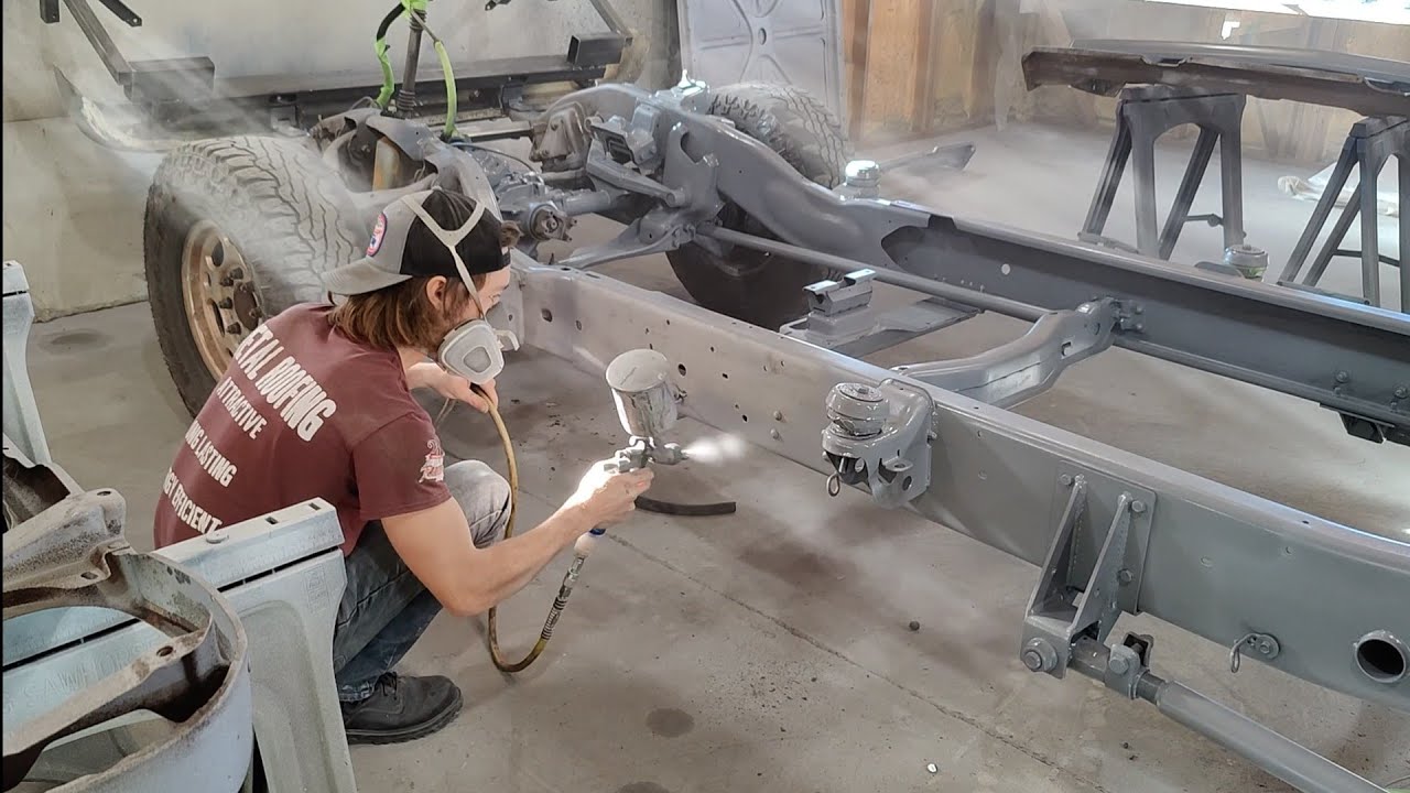 Priming the frame Project Kermit 1962 c20 crew cab - YouTube