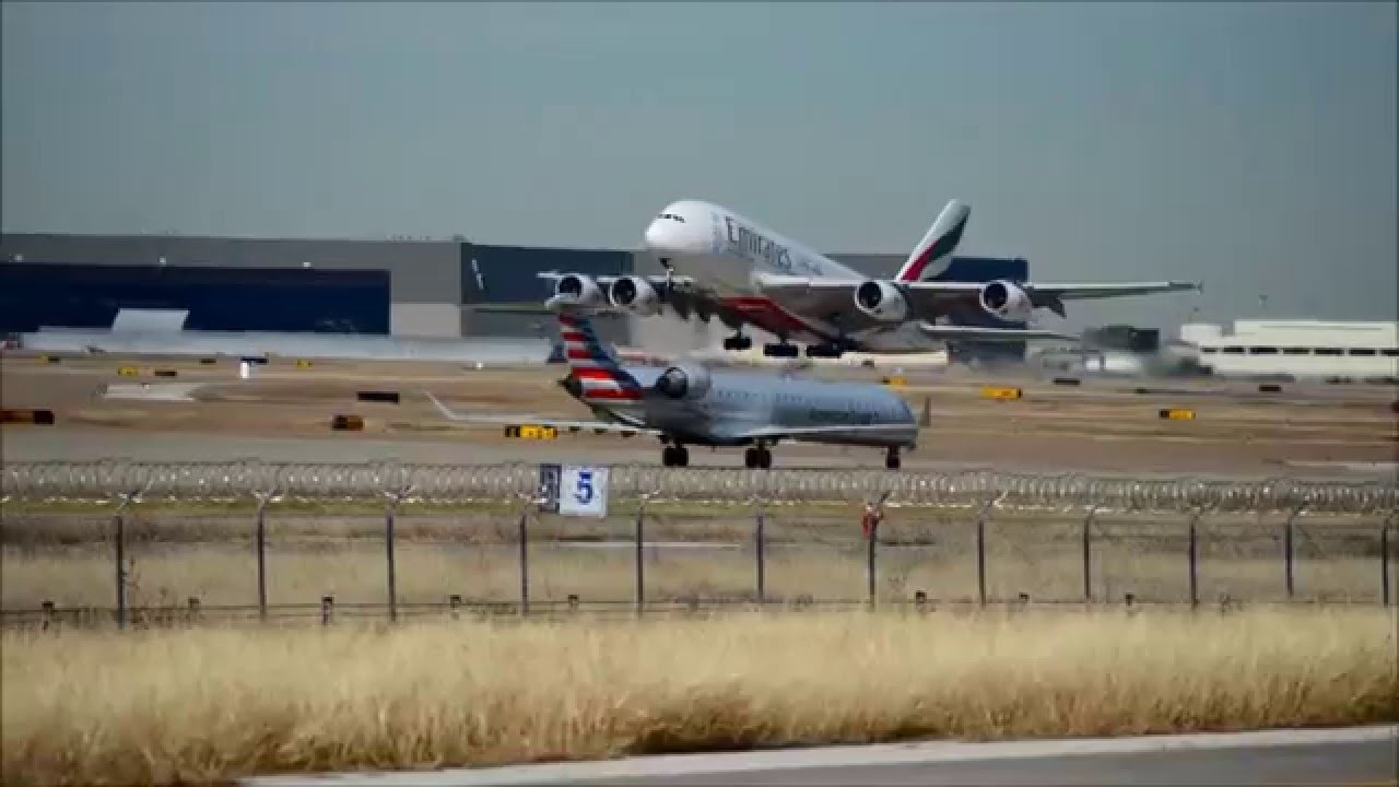 Emirates Airline A380-861 (EK222) departing DFW International Airport ...