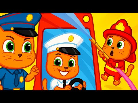 Kedi Ailesi | Polis VS İtfaiyeci VS Okul Otobüsü Şoförü | Çocuklar için Çizgi Film