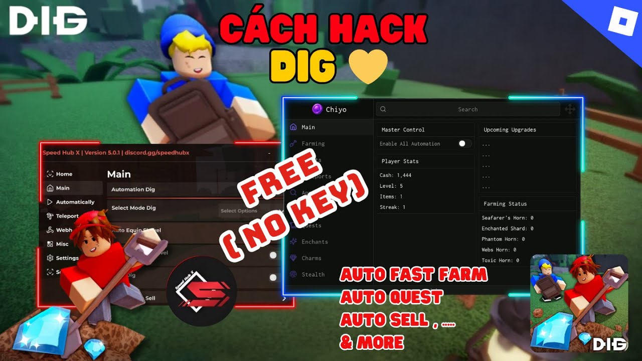Cách Hack Dig - Với Script Speed hub , Chiyo Hub ( No Key ) (Auto Farm , Quest , Sell ...