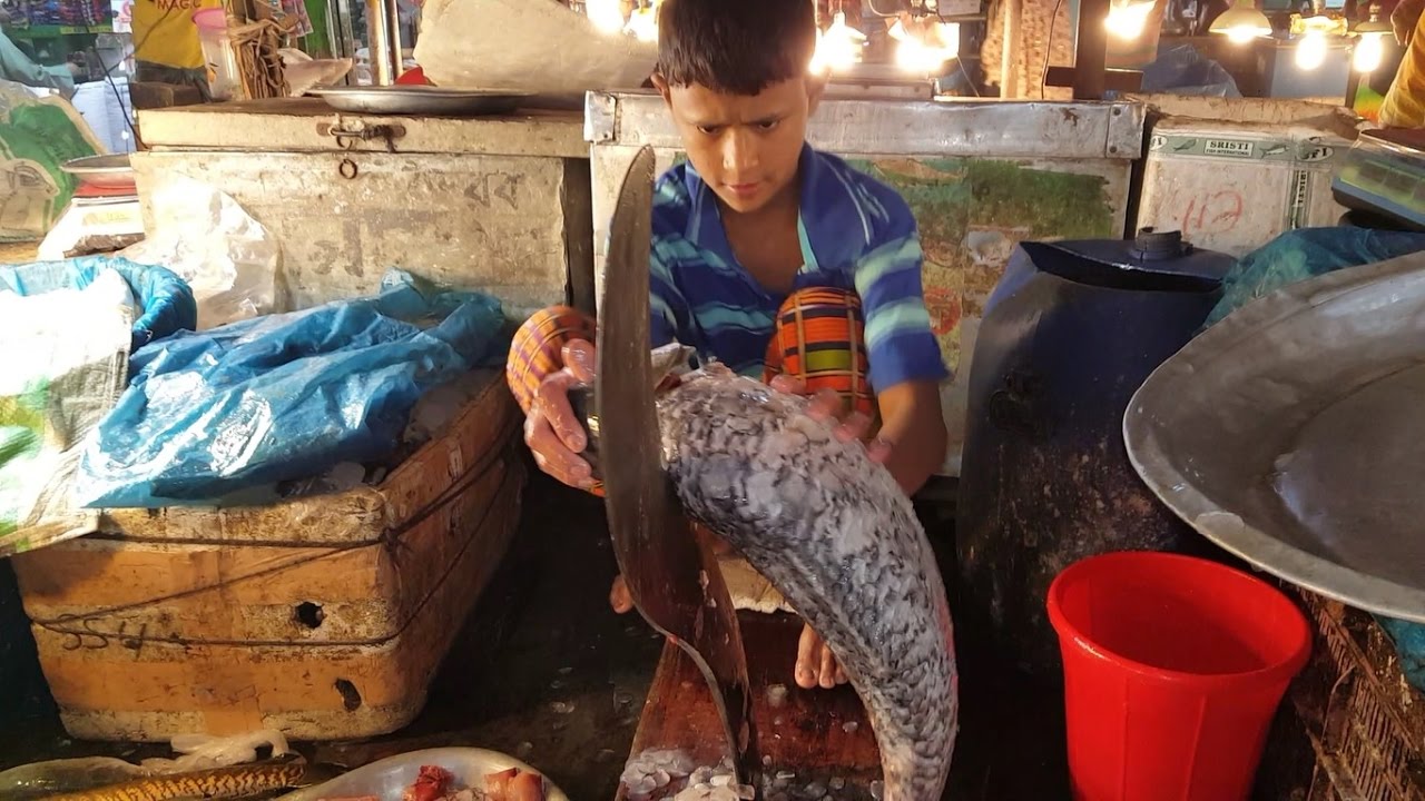 Big Carp Fish Slice Into Pieces By A Boy In Fish Market 2017 - YouTube