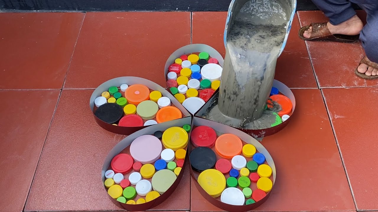 Make flower tables and chairs from plastic bottle caps and cement ...