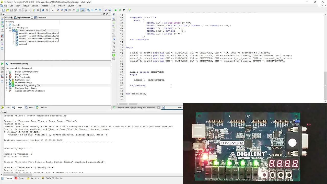 VHDL BASYS 2 Demo: I build a 32 bit counter from 4x 8-bit counters (components in VHDL) - YouTube