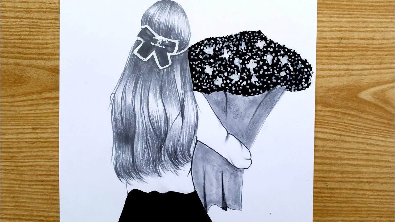 How to draw a girl back side holding a flowers bookay||pencil sketch ...