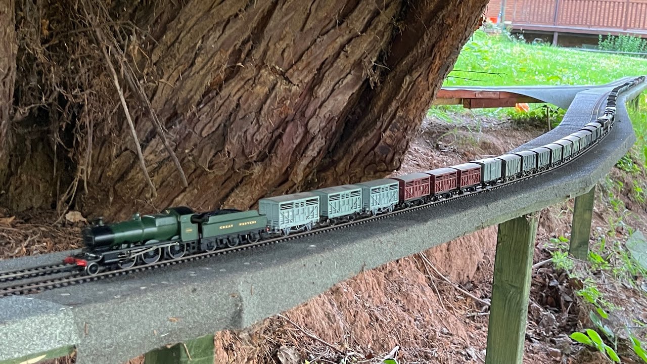 Dapol 43xx GWR Mogul hauling heavy freight on garden railway - YouTube