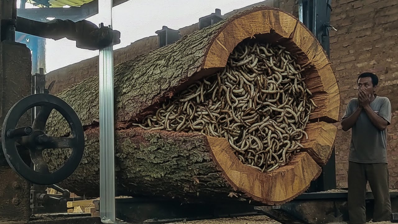 The heartbreaking struggle of a worker fighting a giant log alone in ...