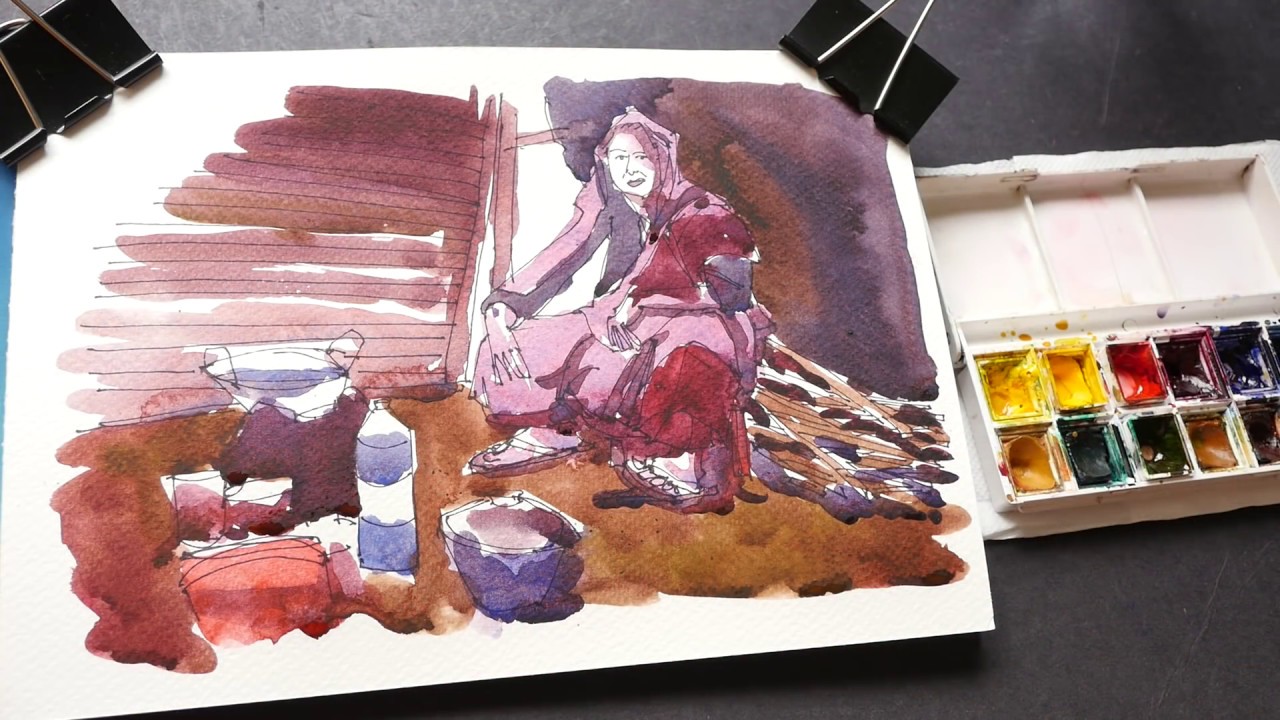 Watercolor Sketch with Random Colors: Cad Red Ultramarine Olive ...