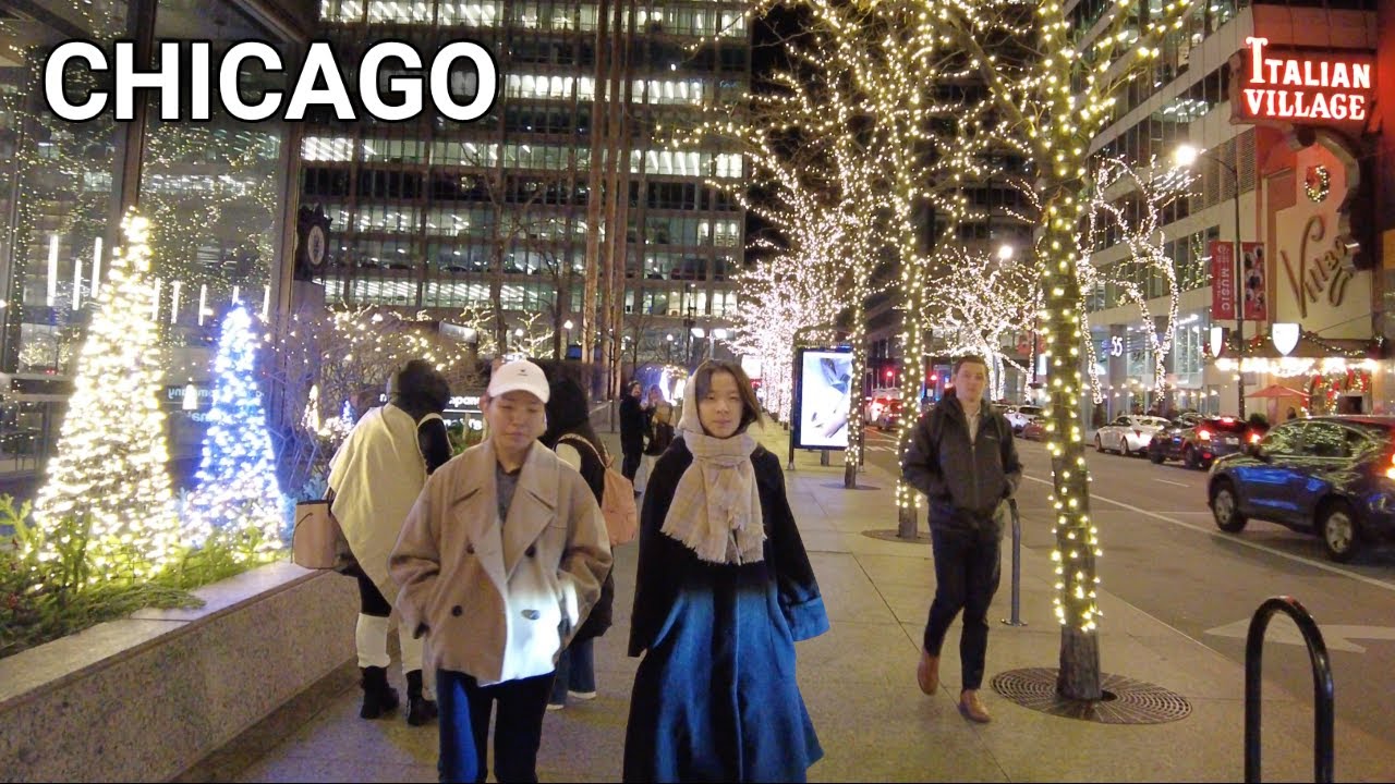 CHICAGO Christmas Season 2023 Downtown Holidays Lights Night Walk 🎄[4k ...
