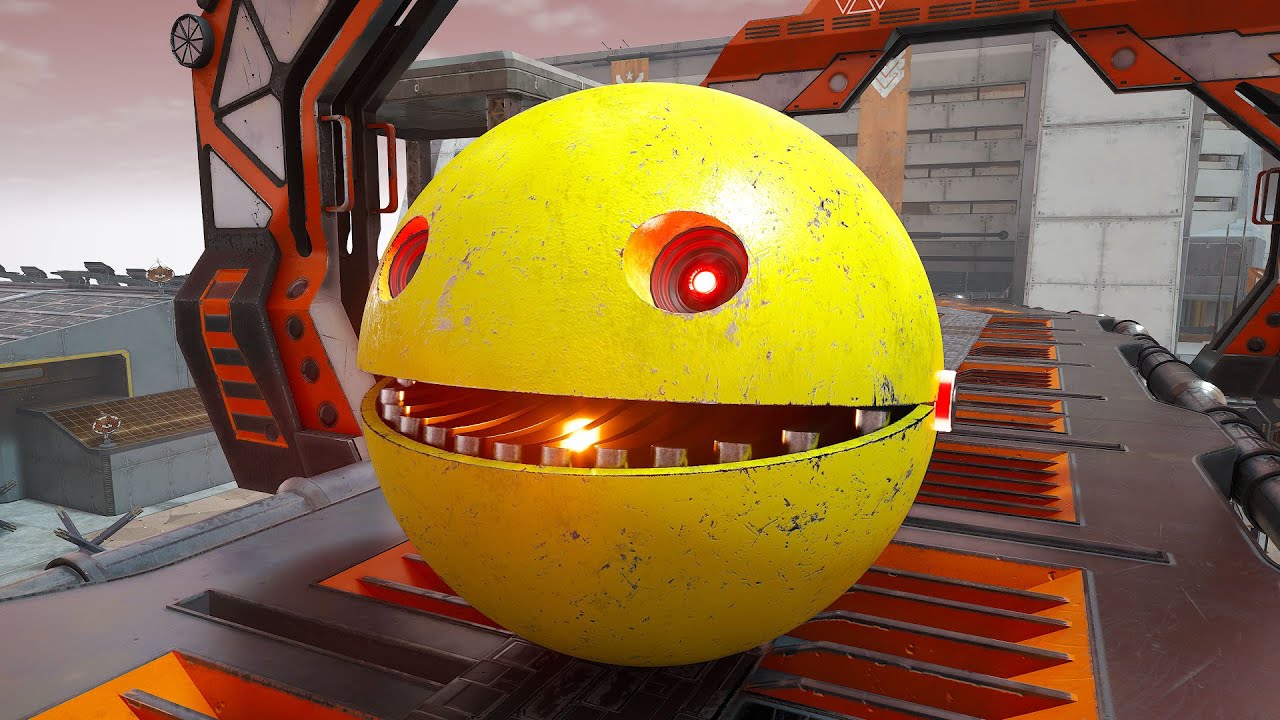 Pacman and Walking Robot Pacman vs Excavator Robot in a Futuristic ...