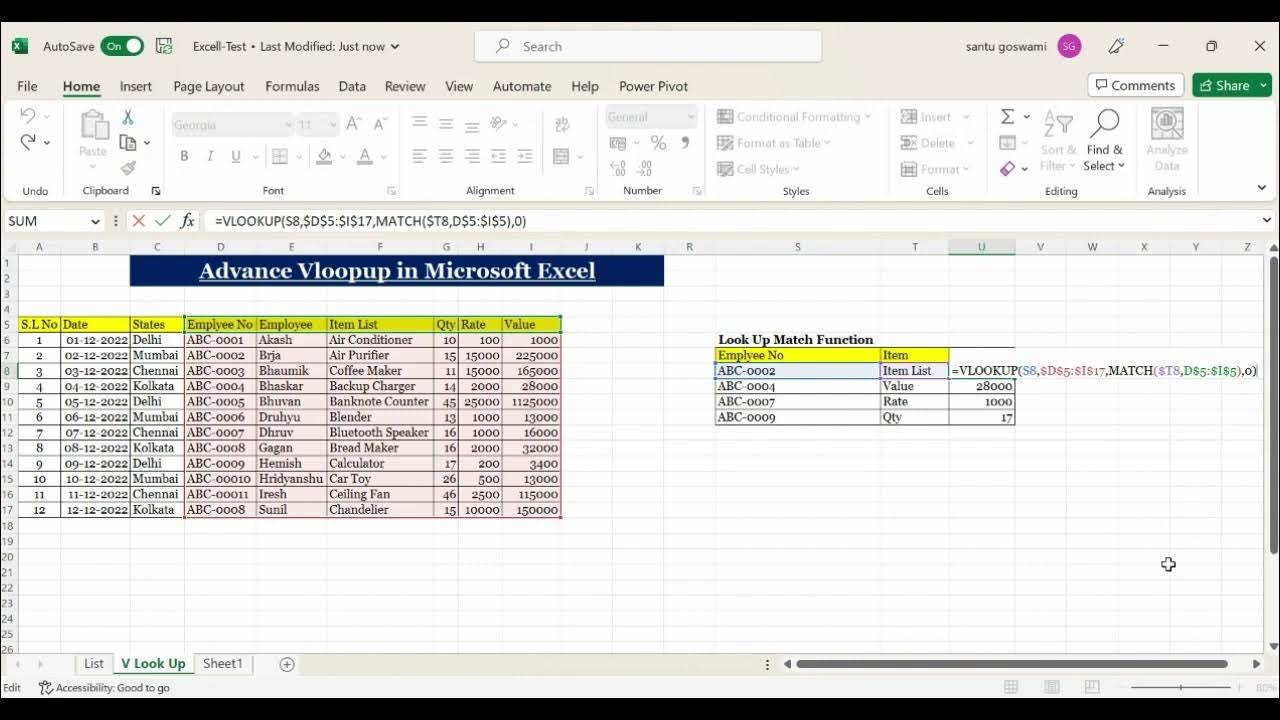Vlook Up Match Function Match Functionality In Vlookup Youtube