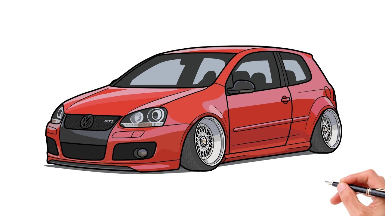 How to draw VOLKSWAGEN GOLF 5 GTI / drawing vw golf mk5 stance car ...