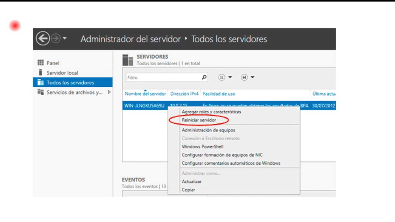 reiniciar un servidor en windows server 2012 - YouTube