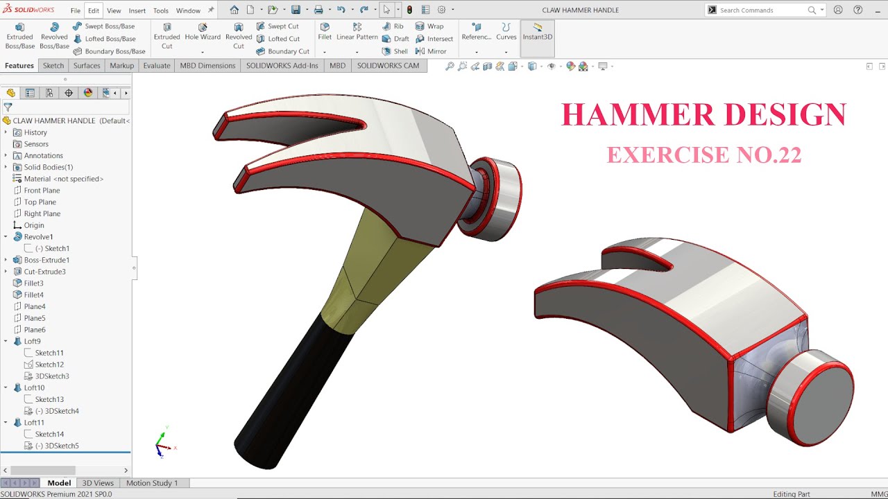 Solidworks Tutorial | Hammer Design In Solidworks | Solidworks Exercise ...