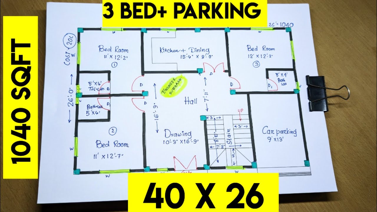 40 26 best 3 bhk house plans in india II 40 x 26 ghar ka naksha II 3bed ...