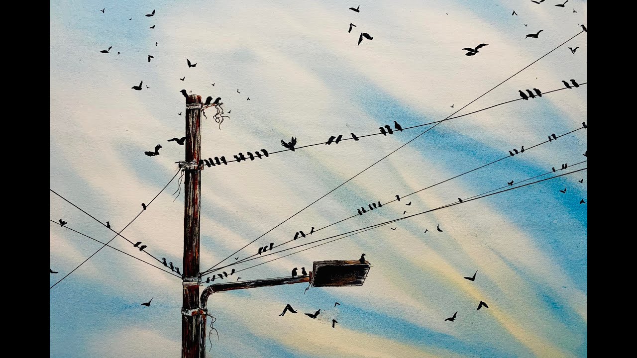 Birds on a Wire Morgaine's Atmospheric SKY Watercolor Painting ...