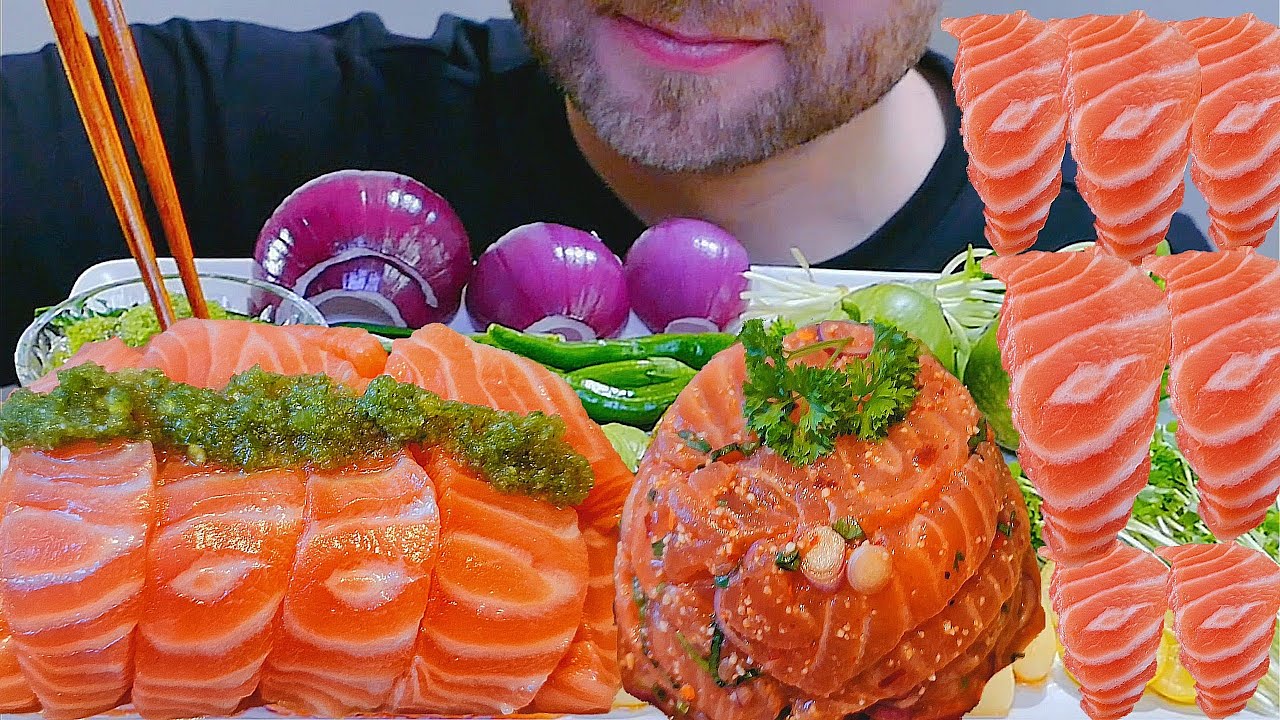 ASMR RAW SALMON + SPICY SALMON SALAD MUKBANG, ASMRกิน ลาบแซลมอน SALMON ...