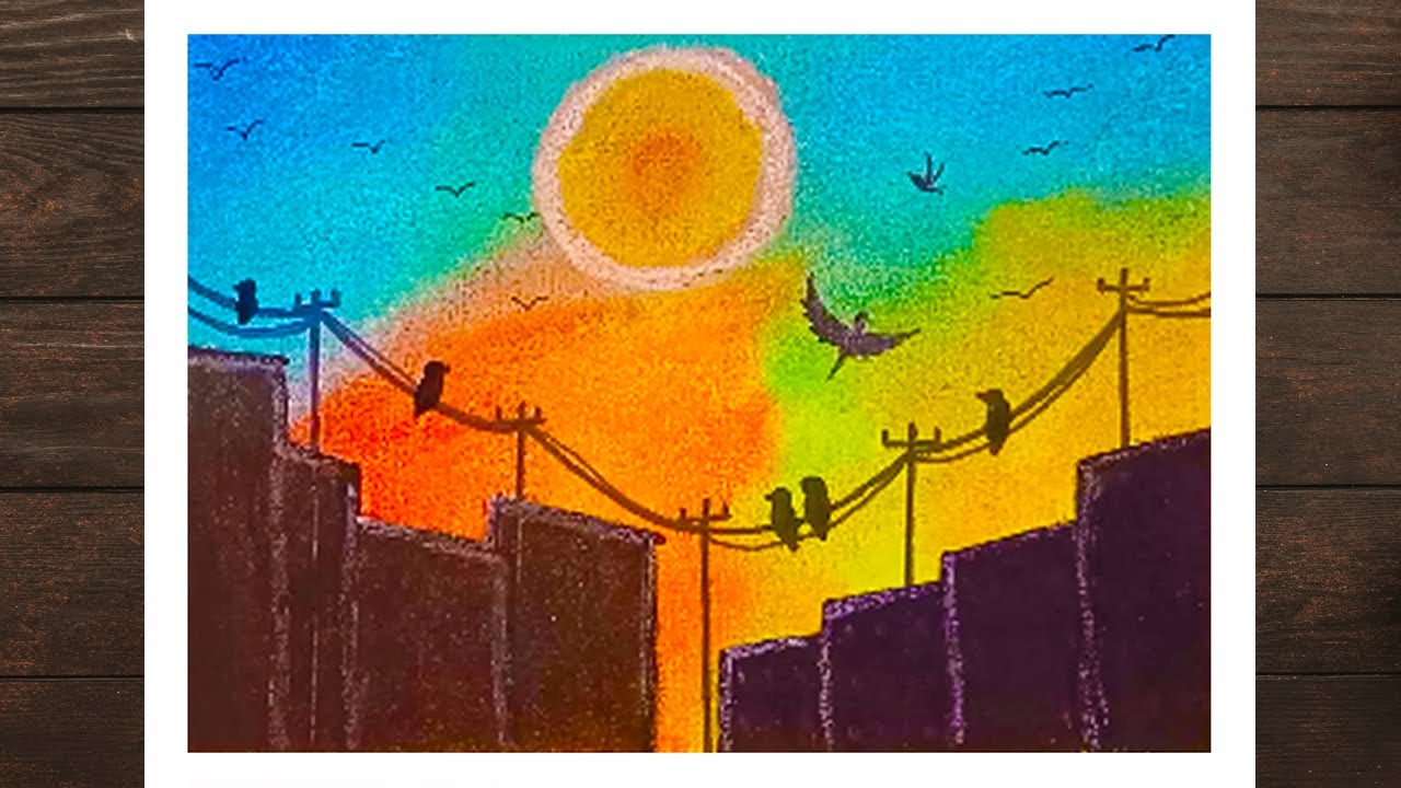 Scenery of City sunset step by step drawing || city sunset landscape ...