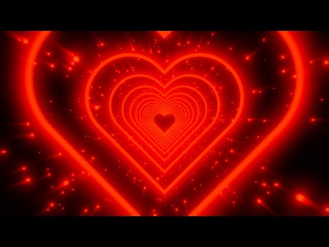Neon tunnel of red hearts on a starry black background. Video Loop