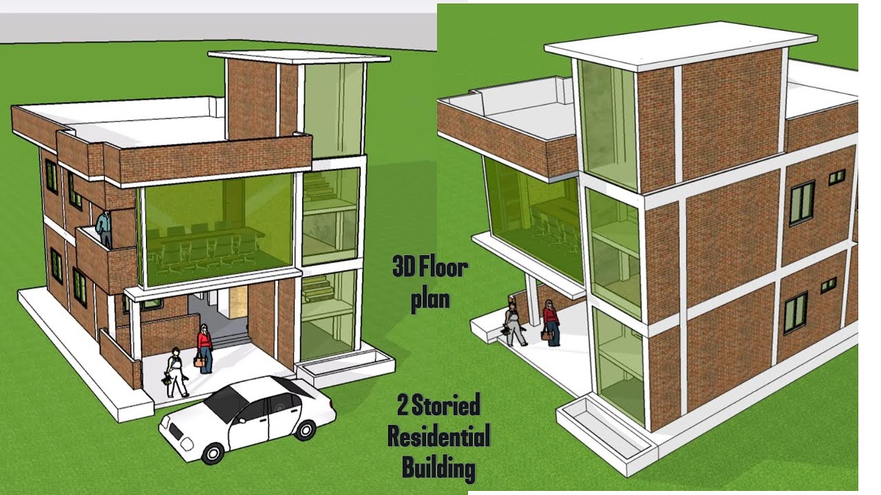 3D view of 2 Storied Residential Building. 3D Exterior Design of 2 ...