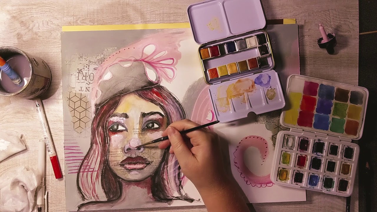 Mixed media Denise Bos Art The girl with the hat - YouTube