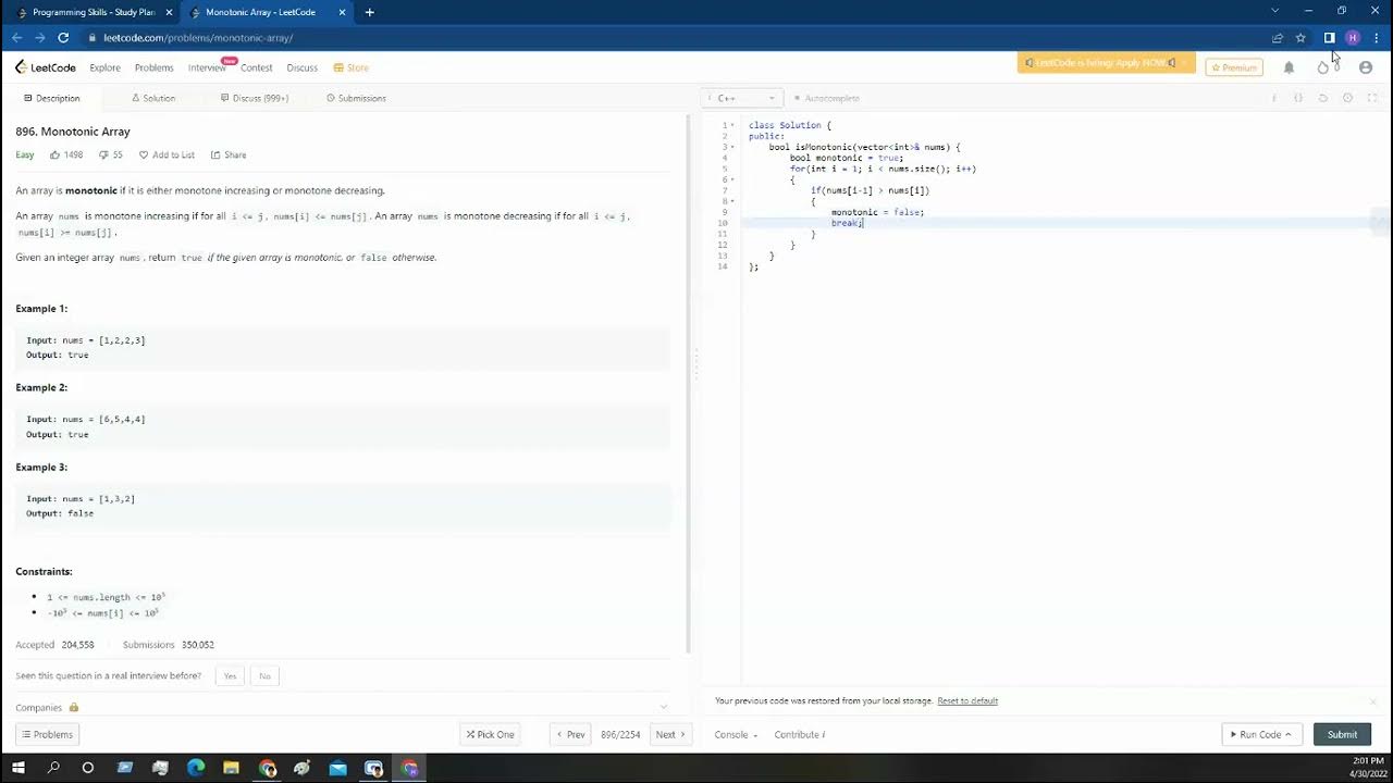 896 Monotonic Array Leetcode Programming Skills Ii Youtube
