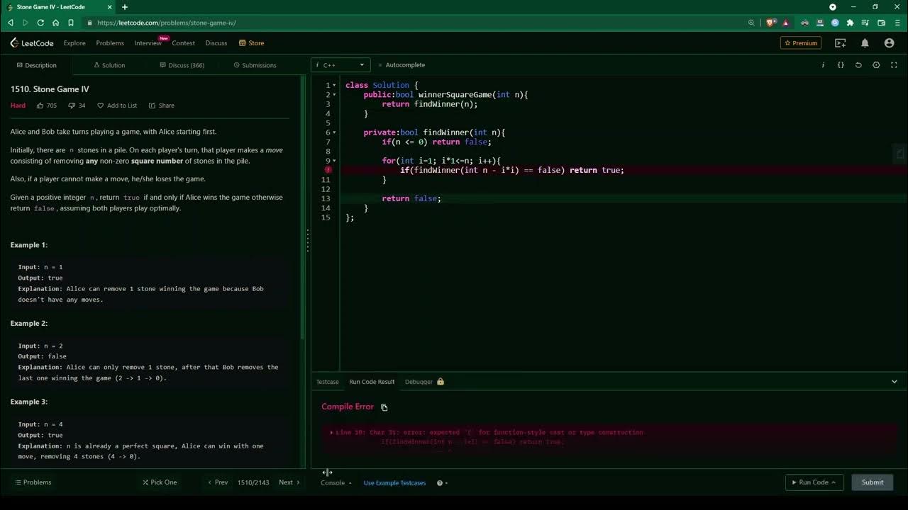 Stone Game IV | Leetcode 1510 | Day 22 | DCC January 2022 | C++ - YouTube
