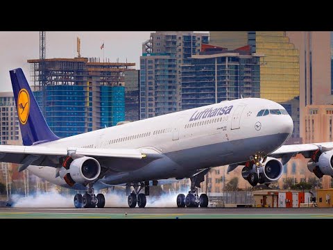 Lufthansa Flight 467 Airbus A340-300 takeoff San Diego - YouTube