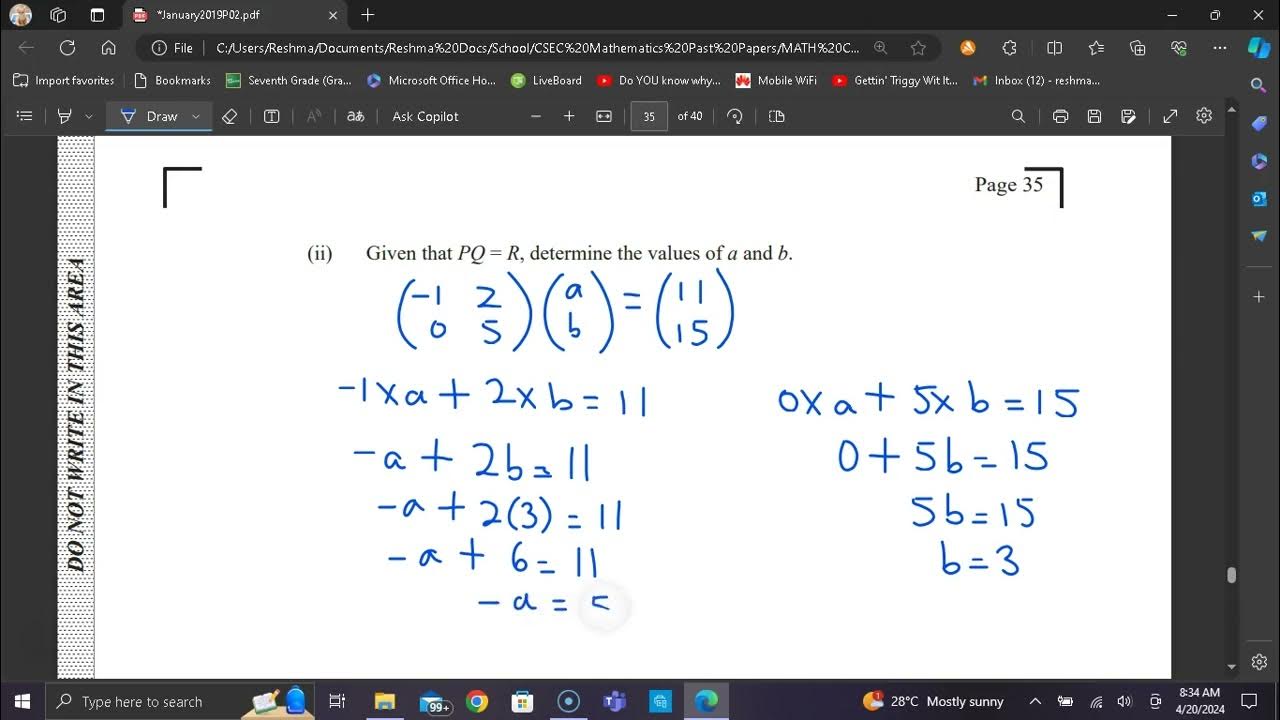 CSEC Math past paper revision by topic - Matrices - January 2019 ...