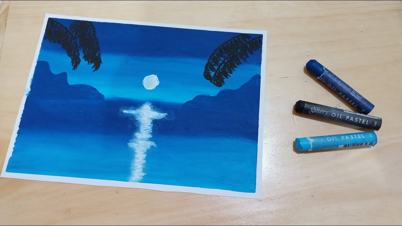 Oil Pastel Drawing Moon Scenery Over The Sea | Oil Pastel On Paper ...
