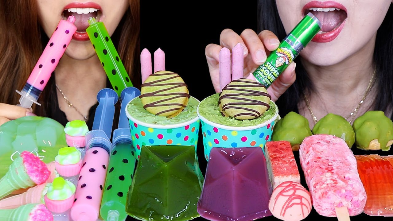 ASMR PINK & GREEN SOUR JELLY SHOOTERS, DIAMOND YOKAN, GUMMY CUPCAKES ...