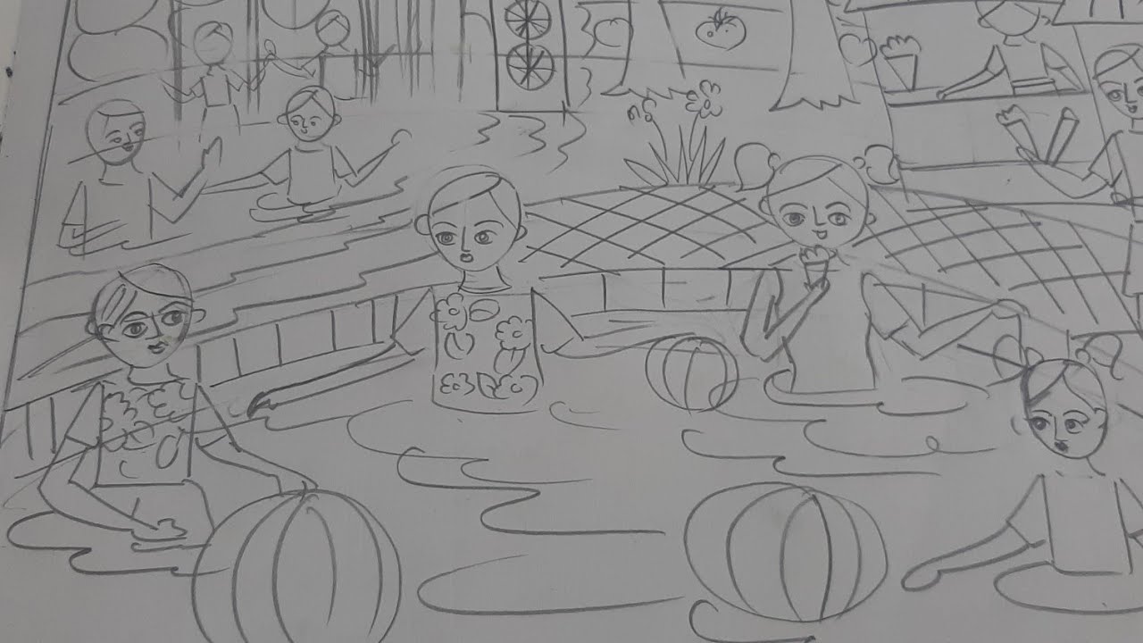 How to draw summer fun drawing /playing with friend in swimming pool ...