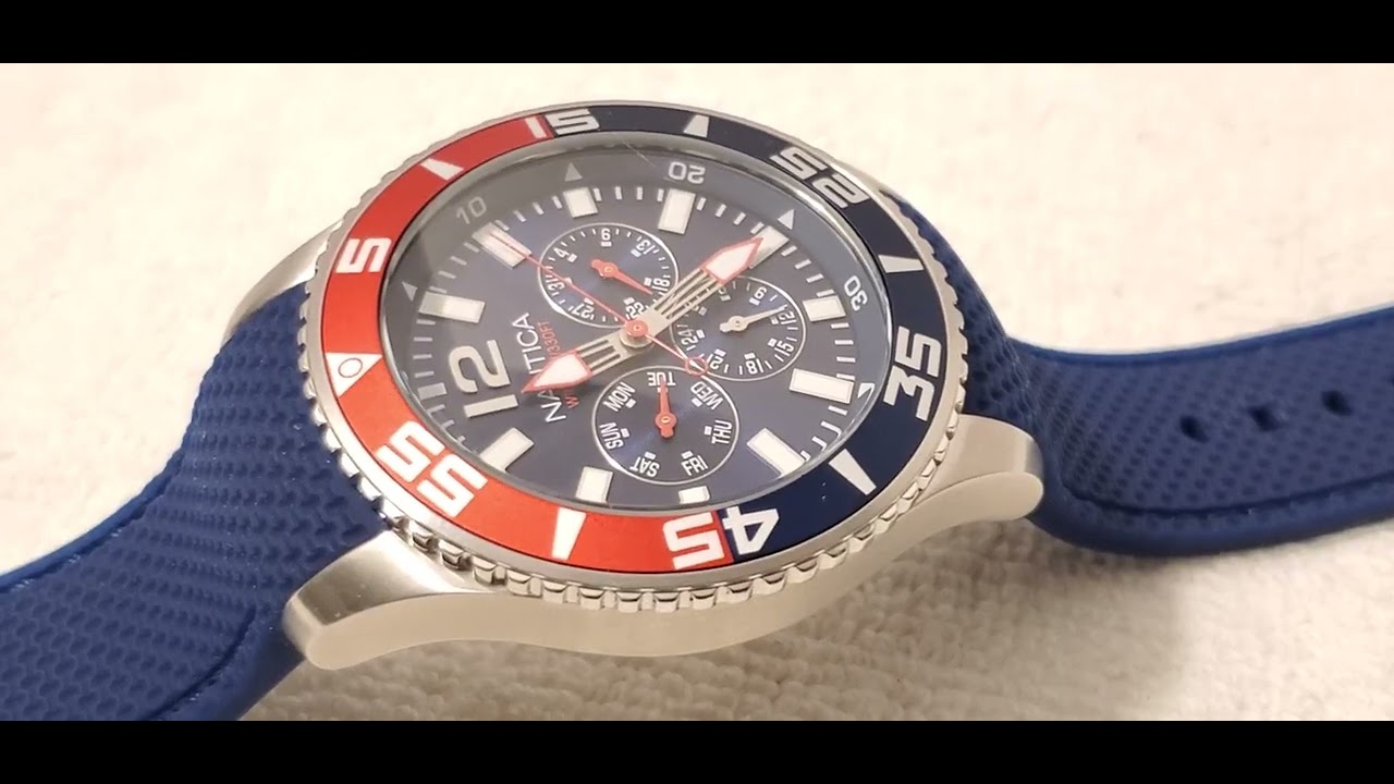 Nautica Red Blue Bezel Men's Day Date Quartz Watch Stainless Steel WR ...