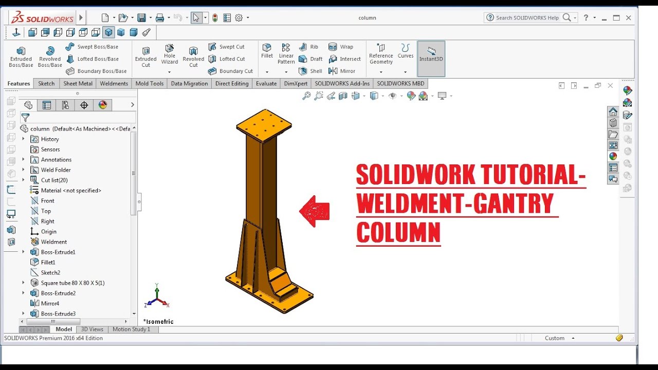 Solidwork Tutorial -Weldment -Design of Linear Gantry column - YouTube