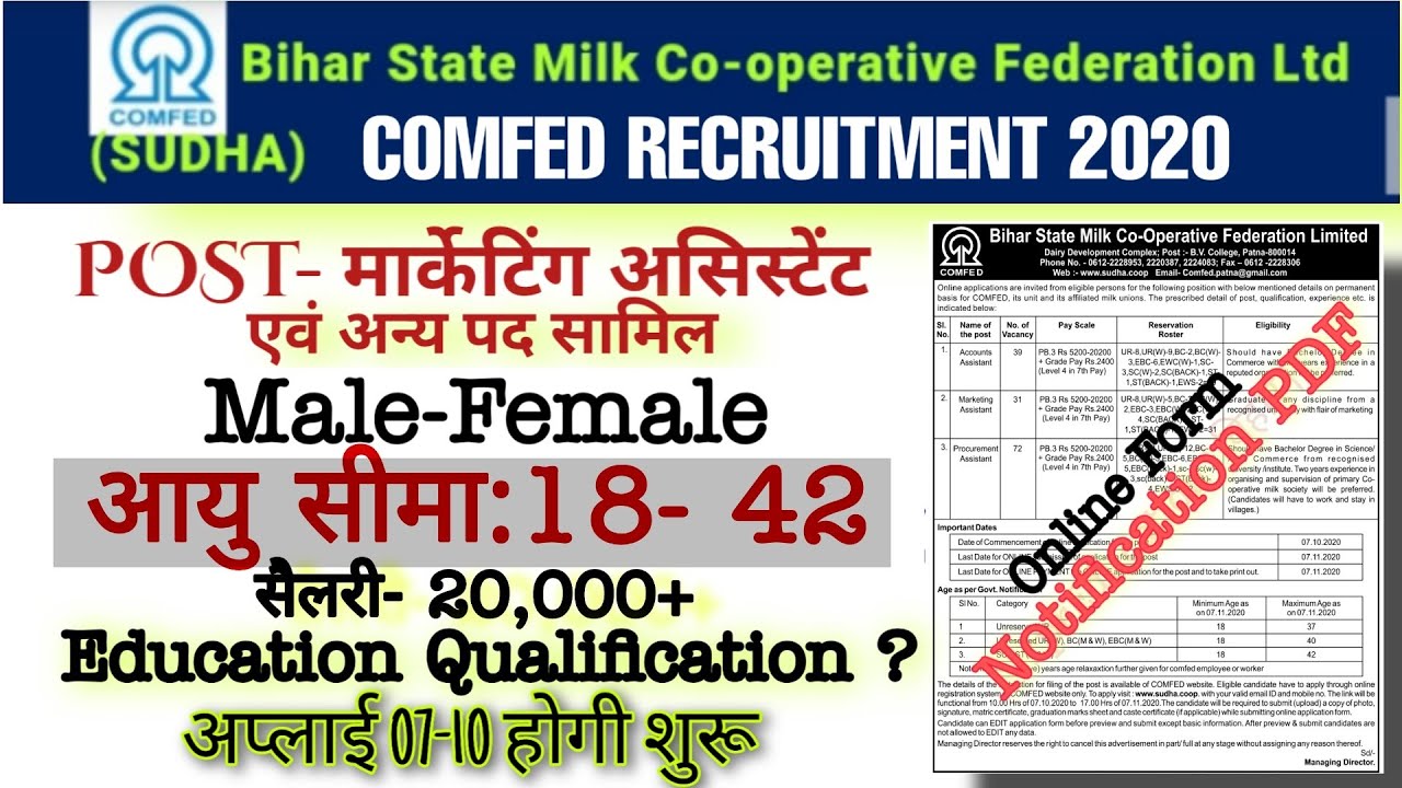 bihar Comfed recruitment| Online form 2020| Marketing Assistant ...