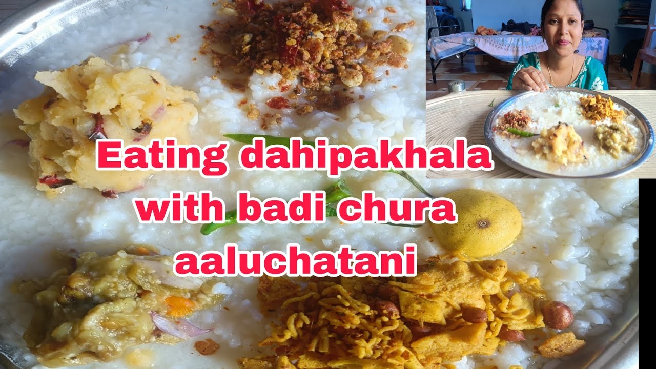 Dahi pakhala,aalu chatani, baigana chatani, badichura ,mixchar eating ...