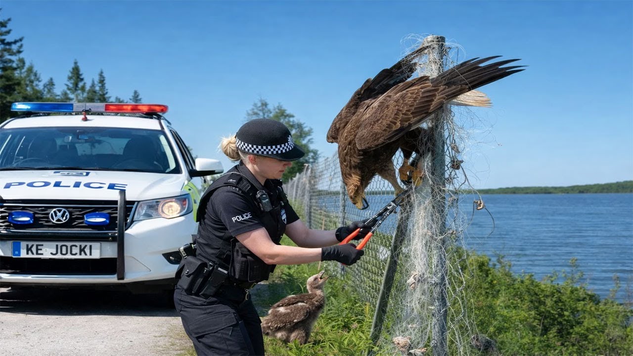 A kind-hearted female police officer saves an injured eagle from the ...