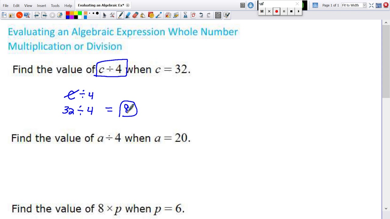 Evaluating an Algebraic Expression Whole Number Multiplication or ...